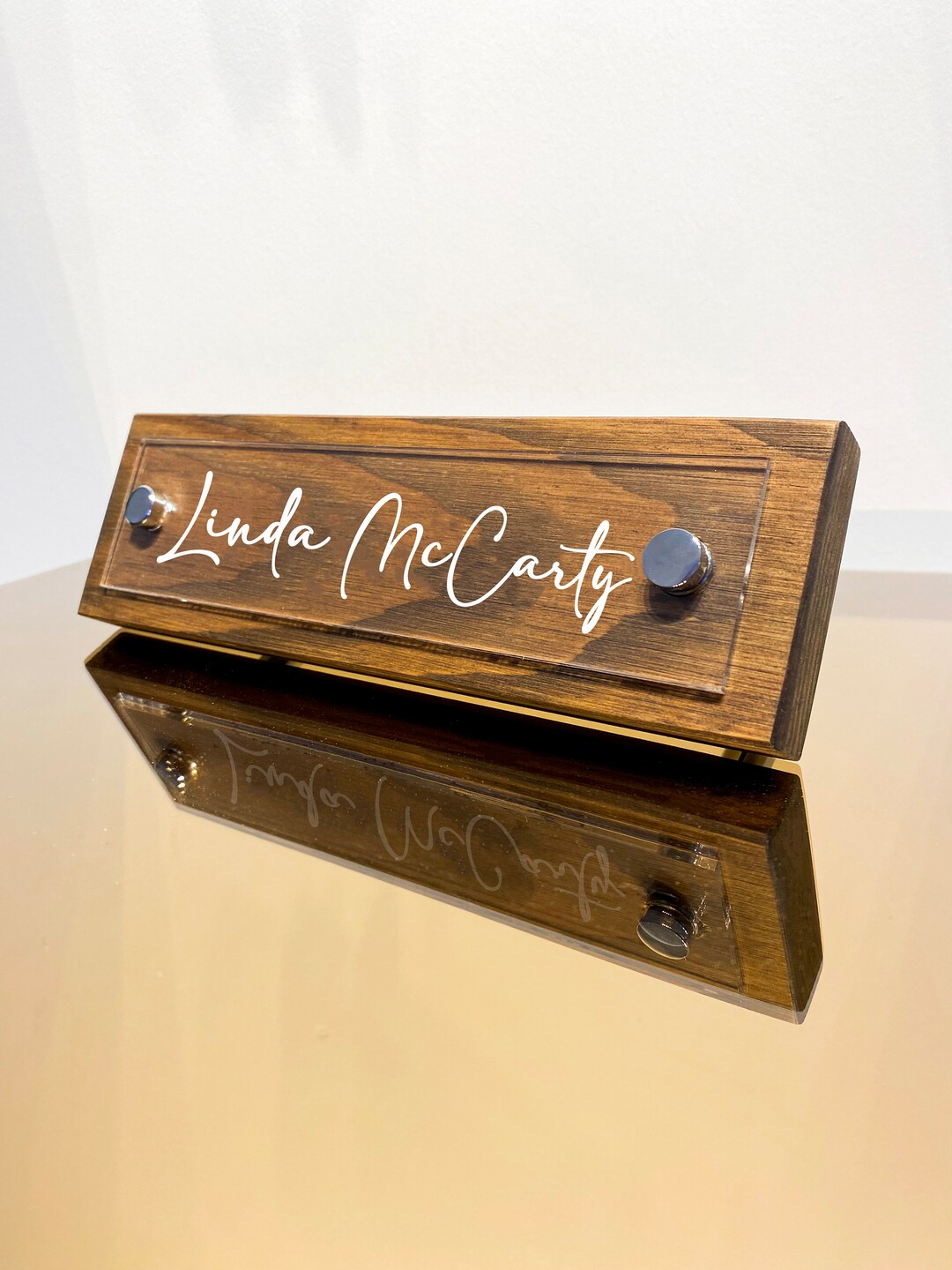 Transparent Acrylic Name Holder on Walnut Natural Wood,office Desk Name ...