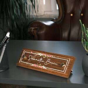 Floral Office Desk Name Plate: Personalized Wood & Acrylic Plaque - Etsy