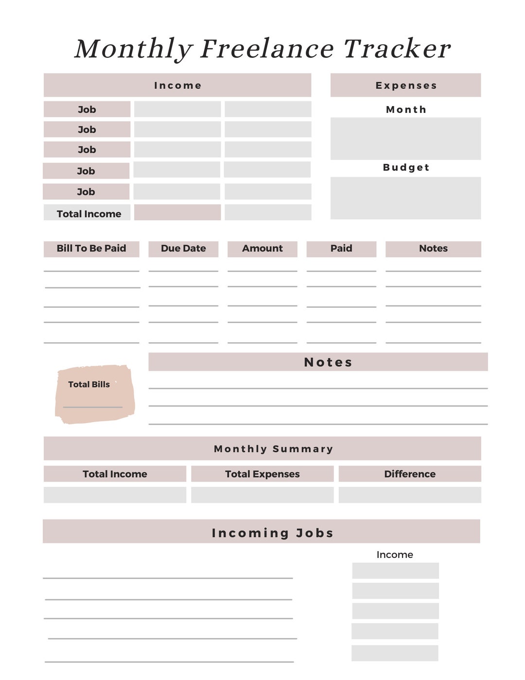 Monthly Budget and Income Tracker for Freelance Workers - Etsy