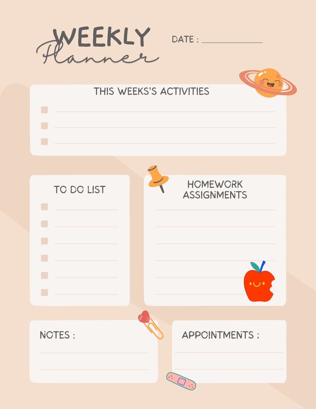 Kids Weekly Planner Printable, Homework Tracker, Diary for Children ...