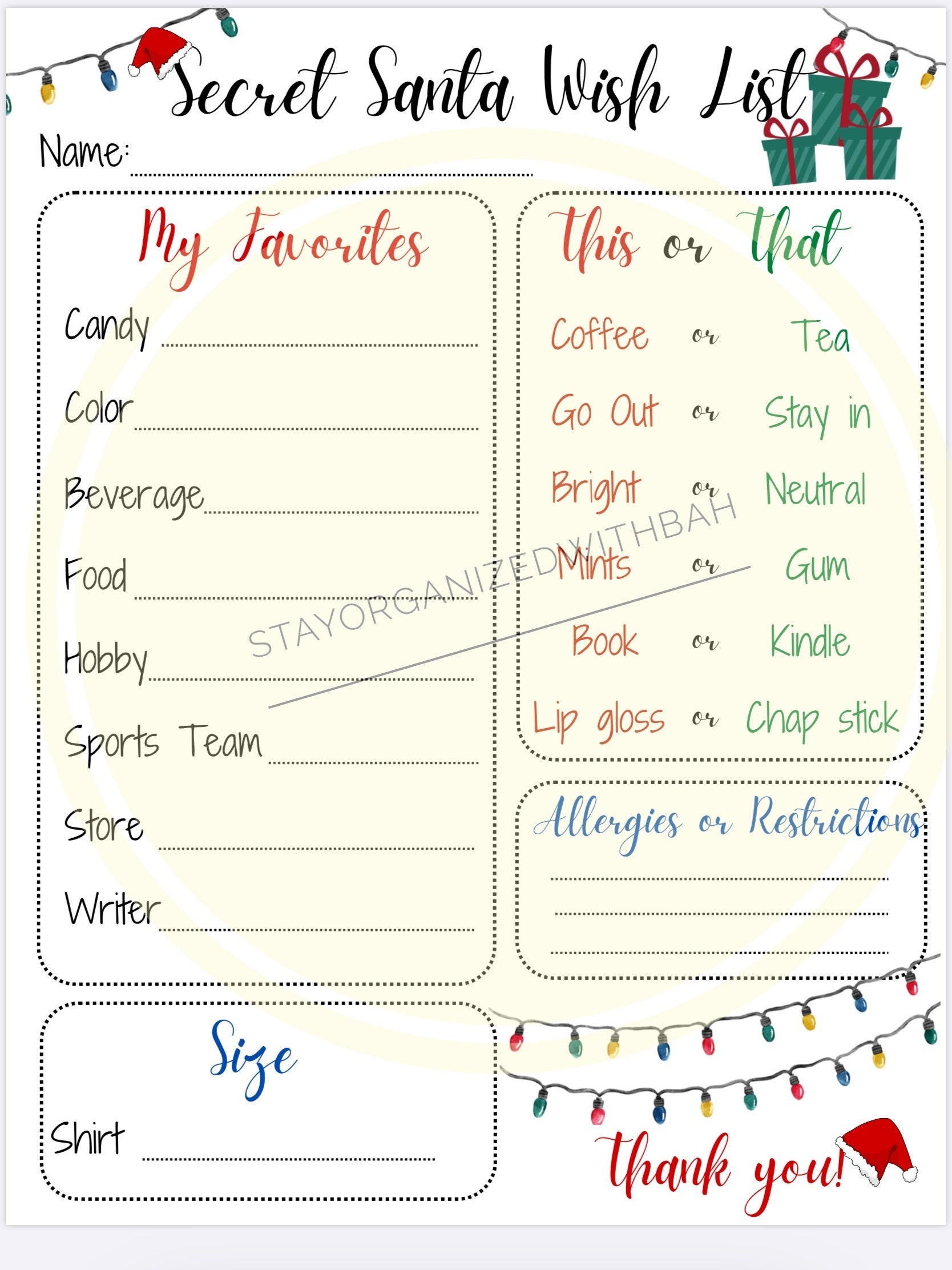 Secret Santa Wish List PRINTABLE Teachers/work/family - Etsy