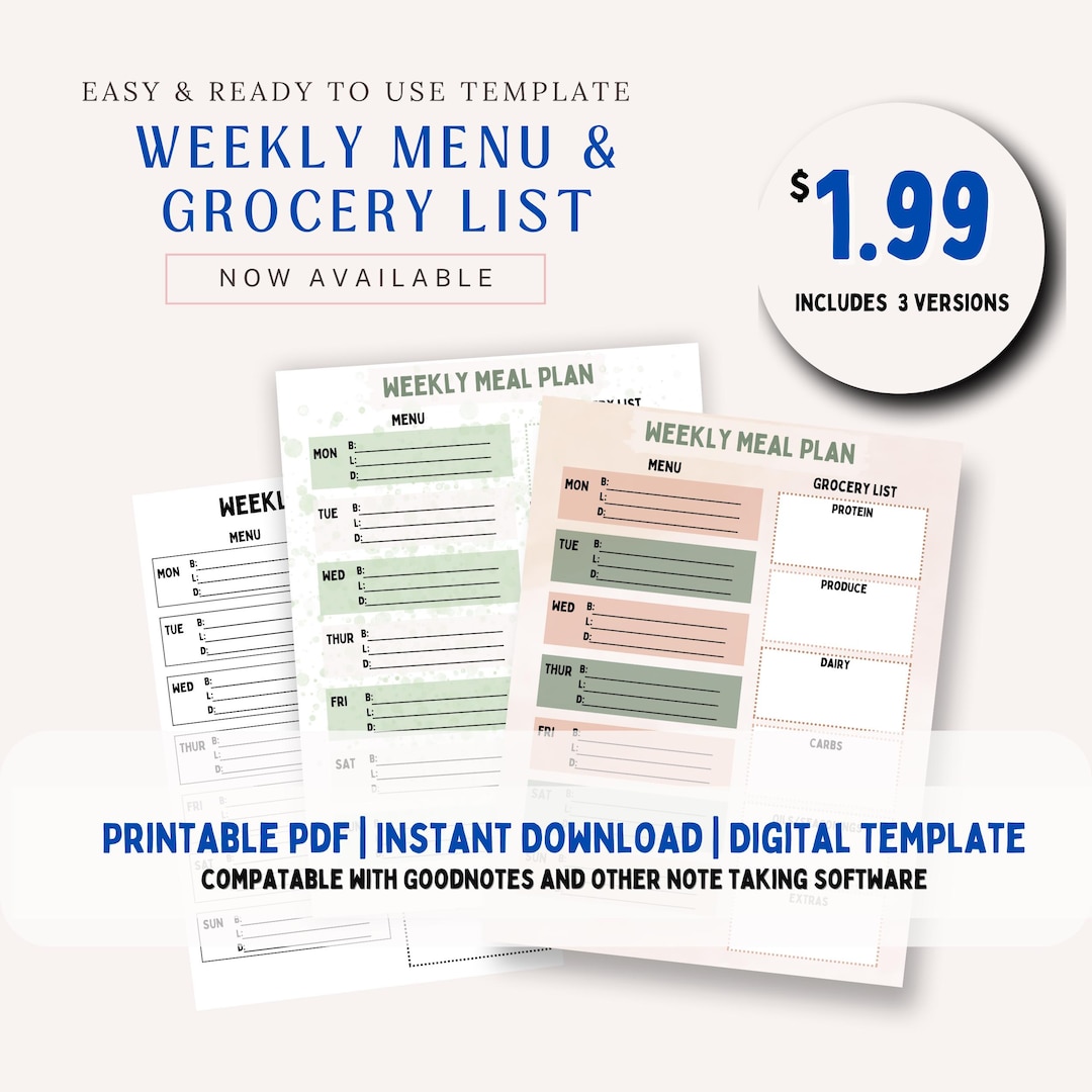 Weekly Meal & Grocery List Planner | Printable | Digital Template ...