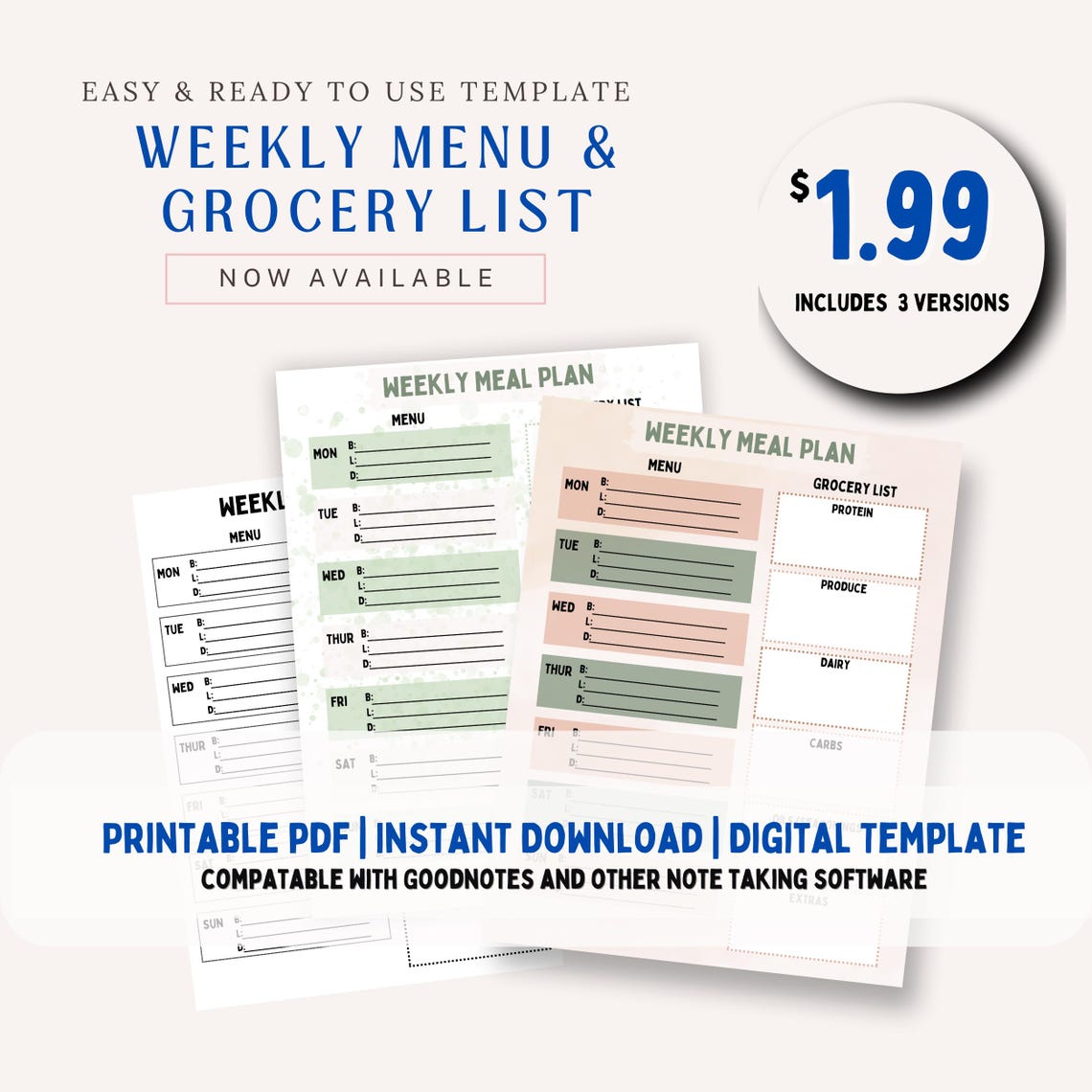 Weekly Meal & Grocery List Planner | Printable | Digital Template ...