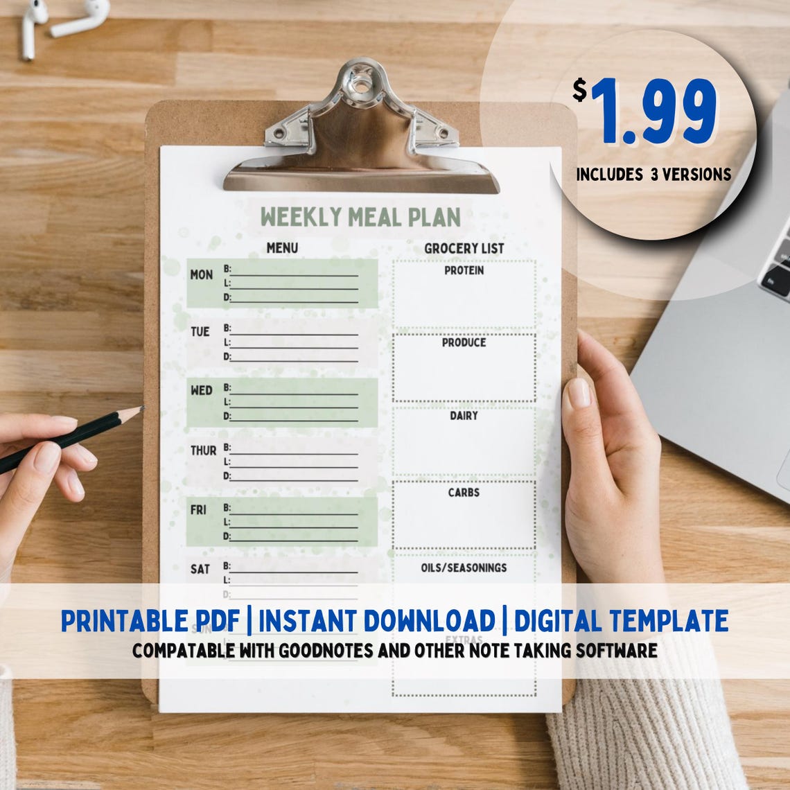 Weekly Meal & Grocery List Planner | Printable | Digital Template ...