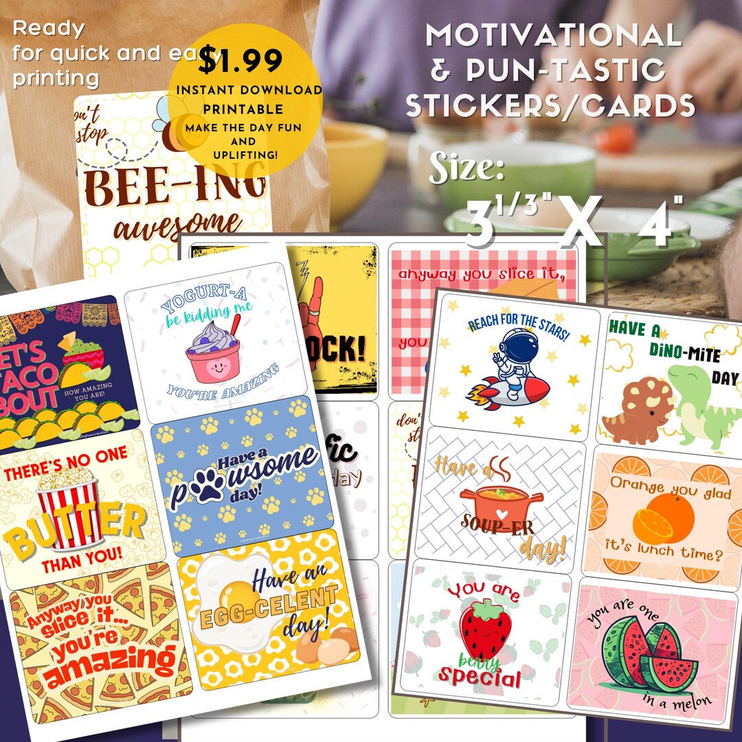 Punny Motivational Stickers & Cards |lunchbox Notes |encouragement Tags ...