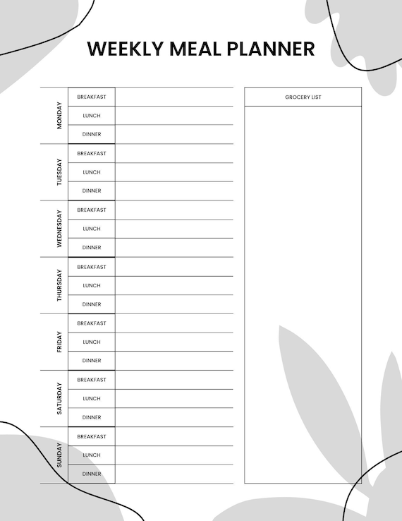 Meal Prep Template Meal Plan Worksheet Grocery List - Etsy