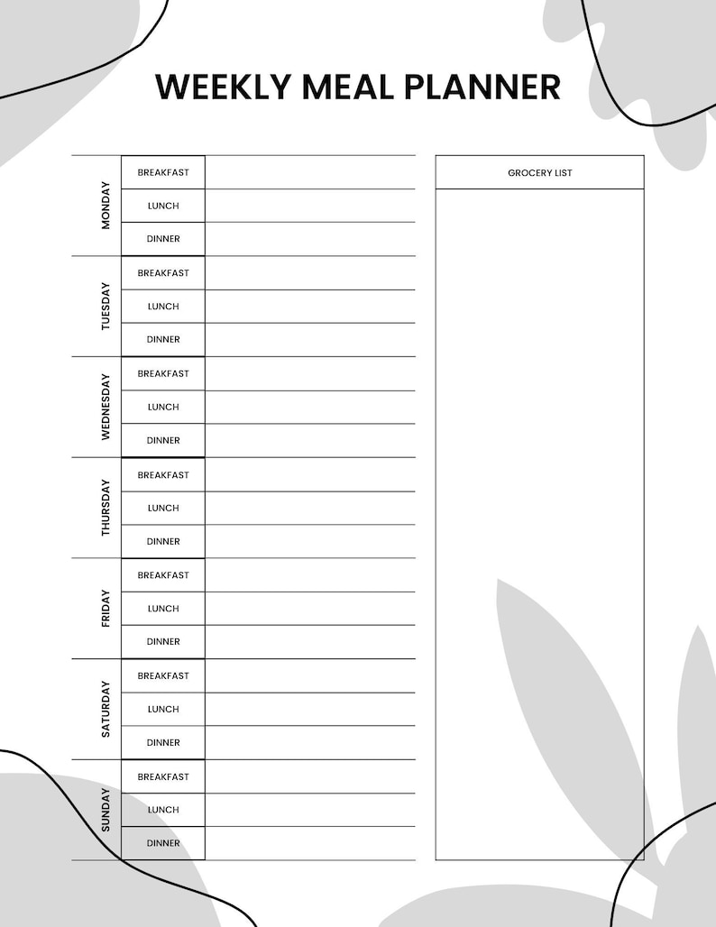 Meal Prep Template- Meal Plan Worksheet- Grocery List - Etsy