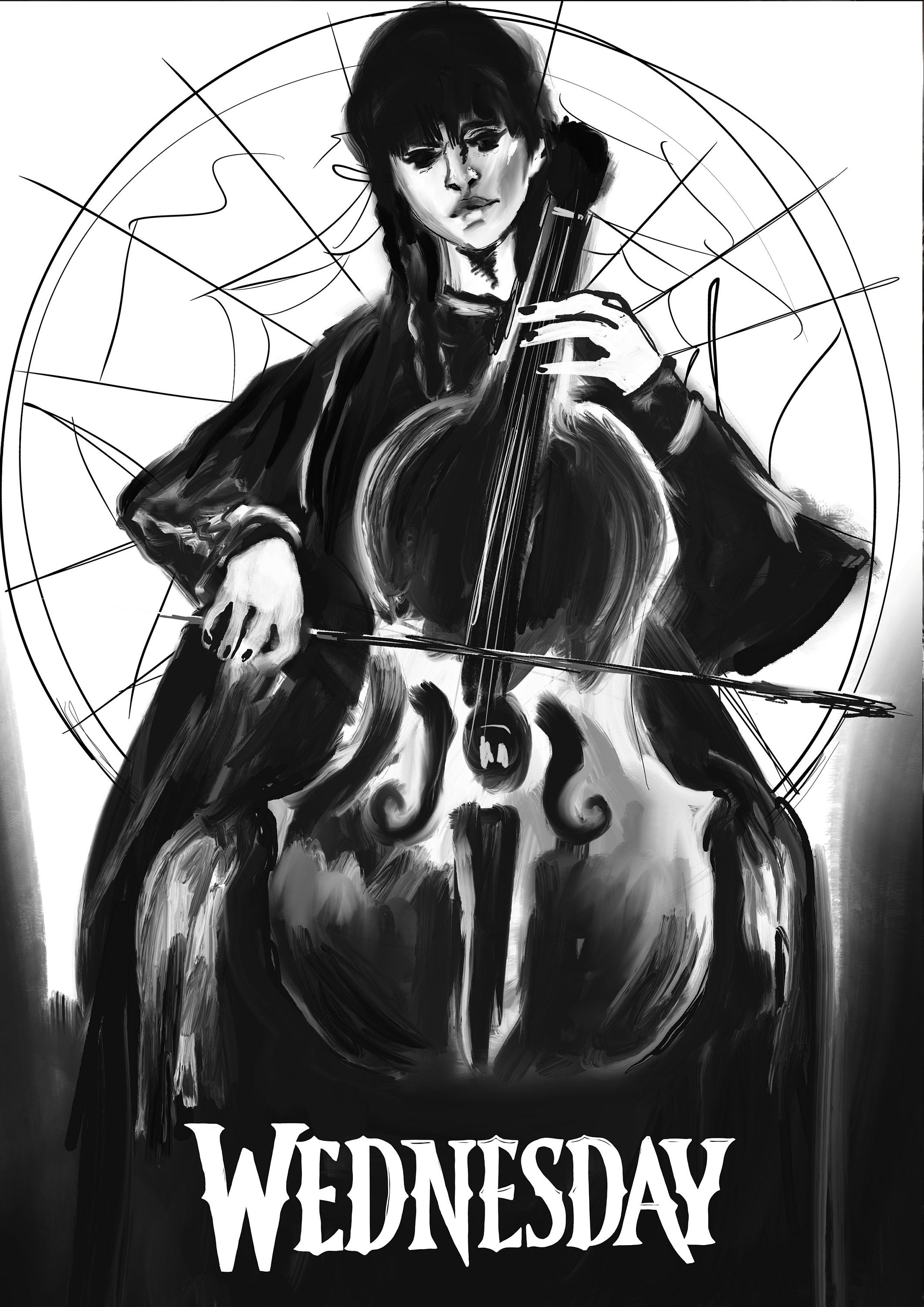 Wednesday Playing Violin Art Print, Jenna Ortega Illustration As ...