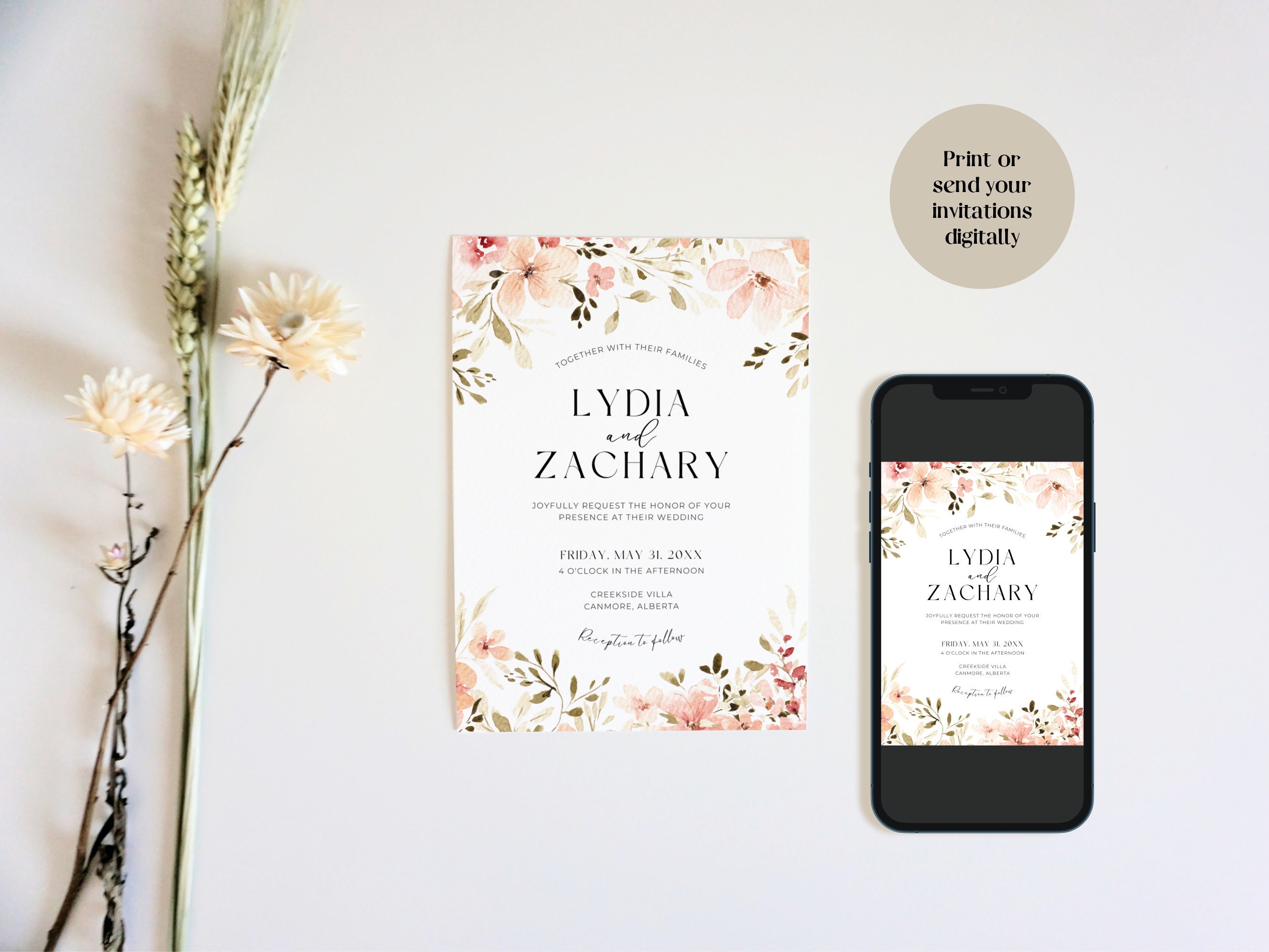 Wildflower Wedding Invitation Templates Spring Summer Floral Invitation ...