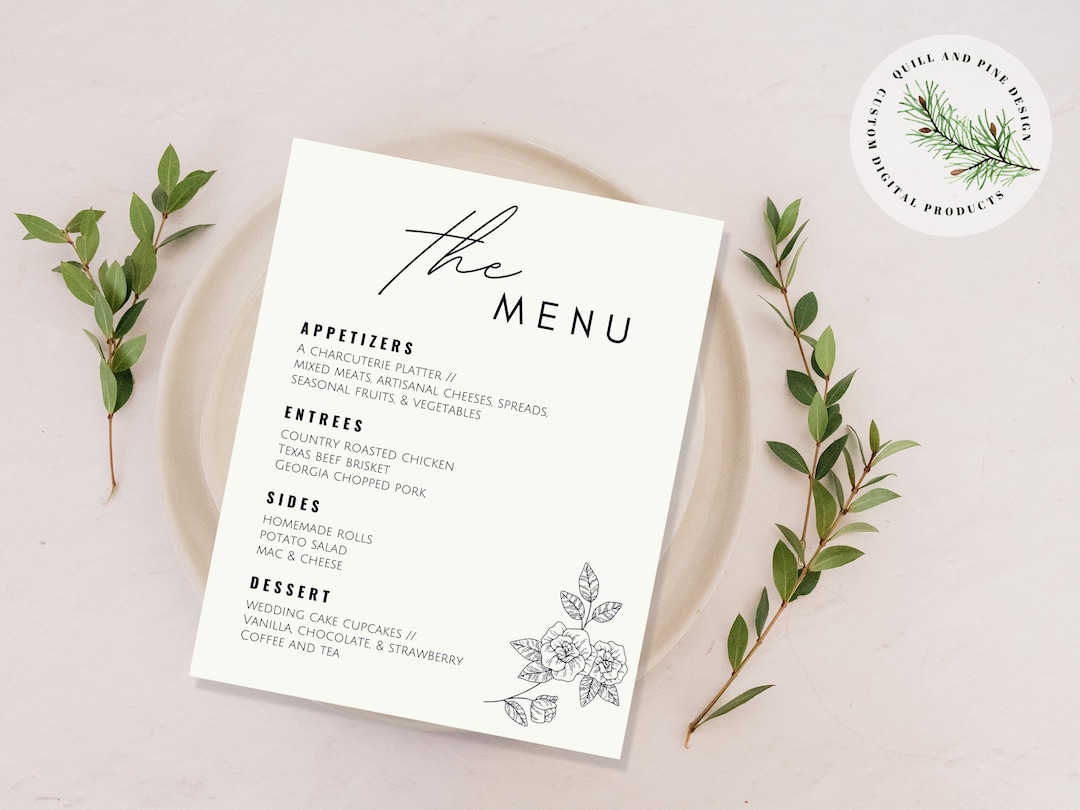 Minimalist, Modern Wedding Menu With Floral Accent (8''x10'') - Etsy