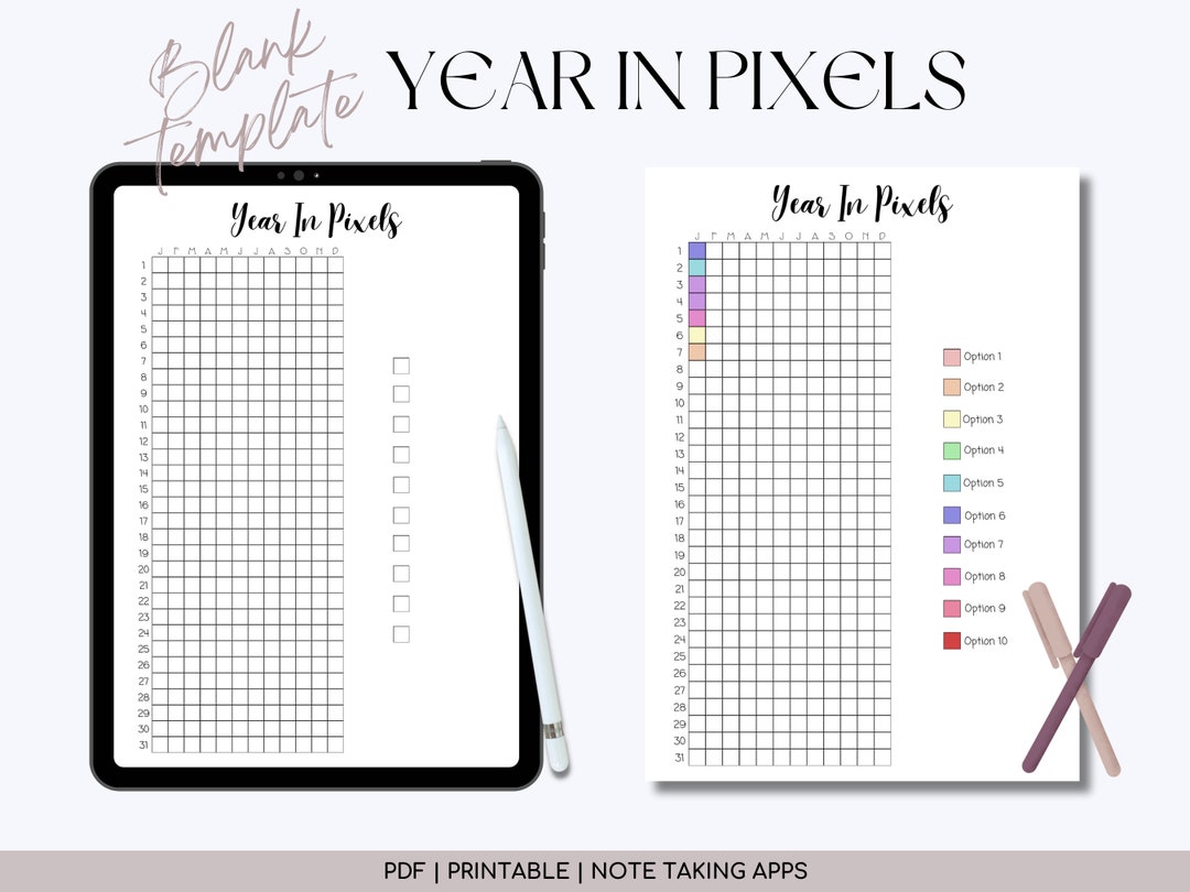Year in Pixels Blank Sheet Customisable Bullet Journal Printable PDF ...
