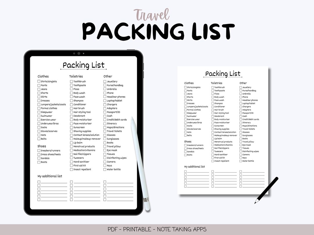 Travel Packing List | Travel Checklist | Digital PDF | Printable PDF ...