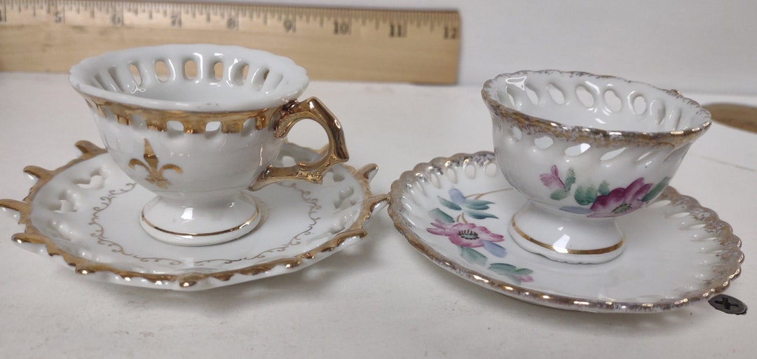 2 Small Mini Tea Cups (reticulated Edge) With Matching Saucers, White ...