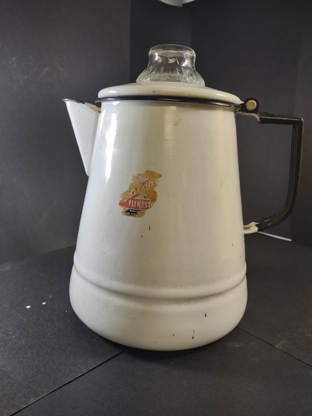 Vintage Enamelware Percolator Coffee Pot With Glass Top - White & Black ...