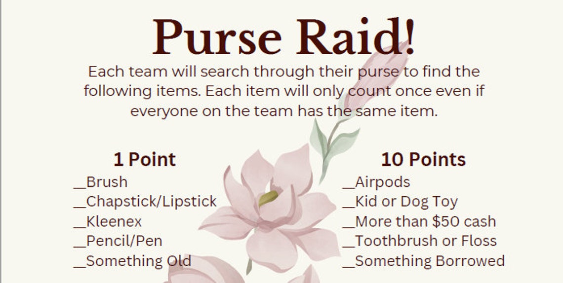 Purse Raid Bridal Shower Game - Etsy