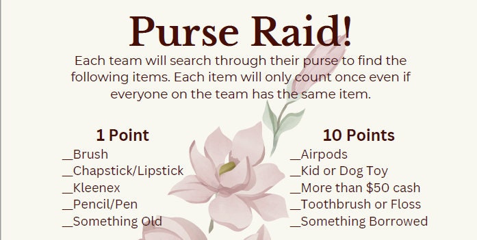 Purse Raid Bridal Shower Game - Etsy