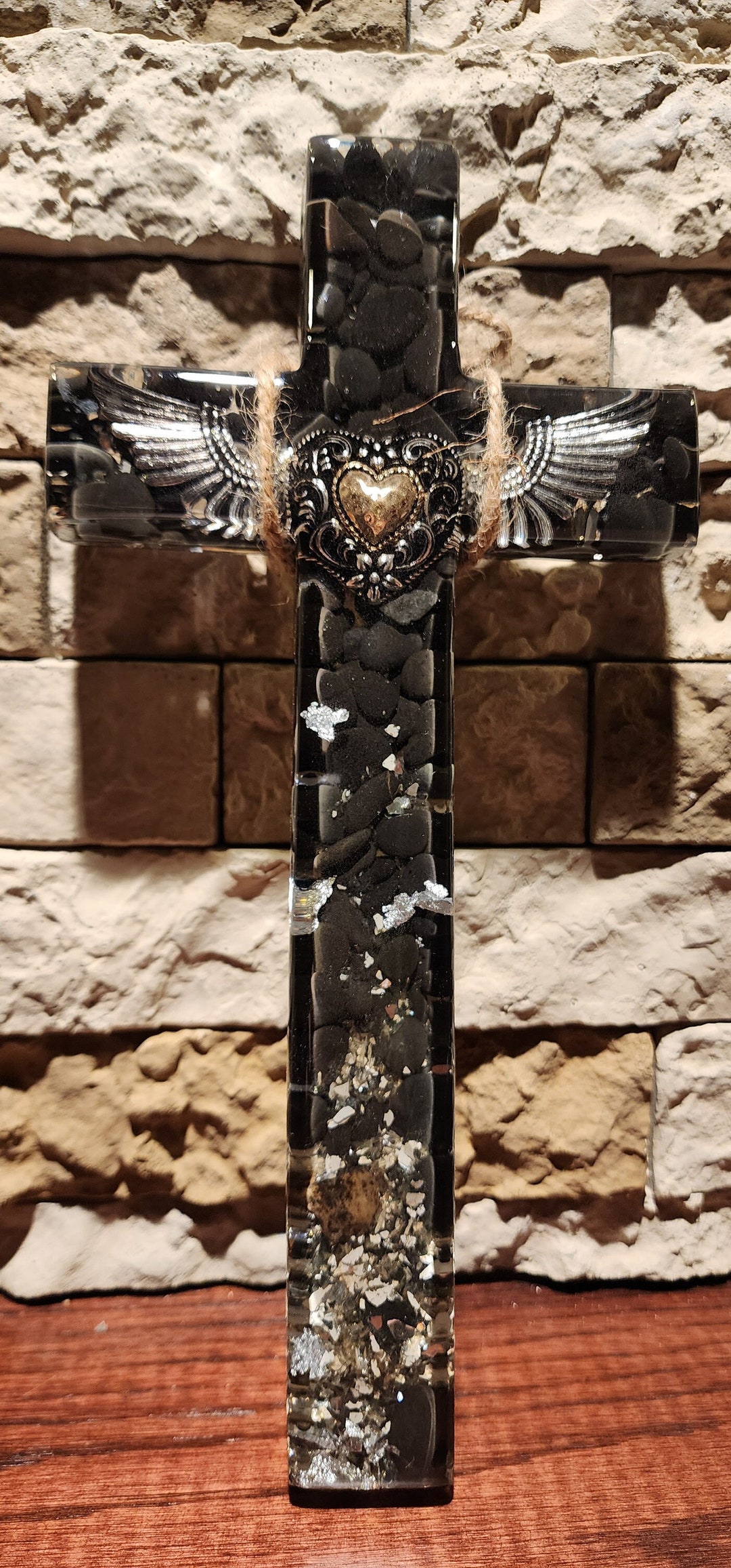 Beautiful Epoxy Resin Cross With Metal Silver and Copper Winged Heart ...