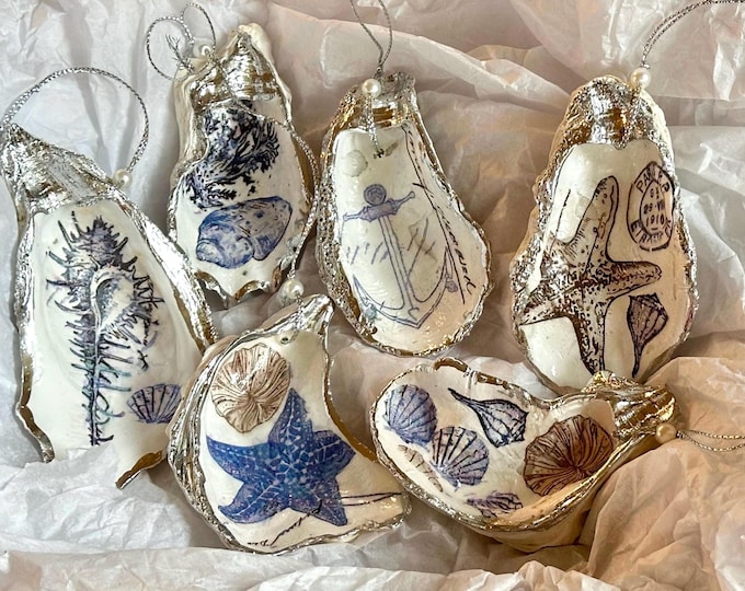 Oyster Shell Christmas Tree Ornament, Coastal Christmas, Decoupage ...