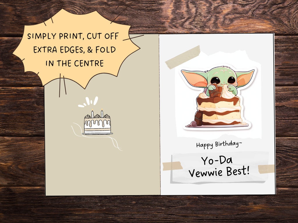 Printable Birthday Card Instant Download Card Baby Yoda Grogu in Cake ...