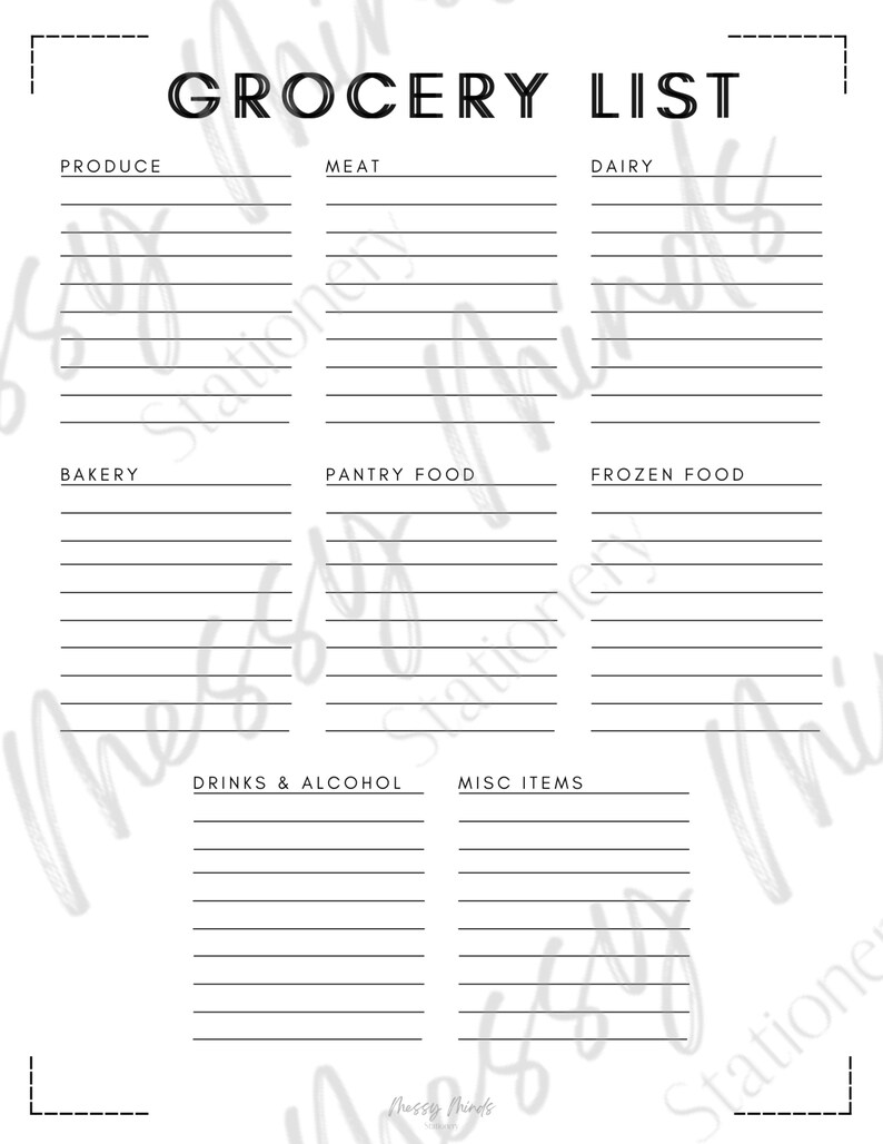 Printable Grocery List Simple Shopping List Category List - Etsy
