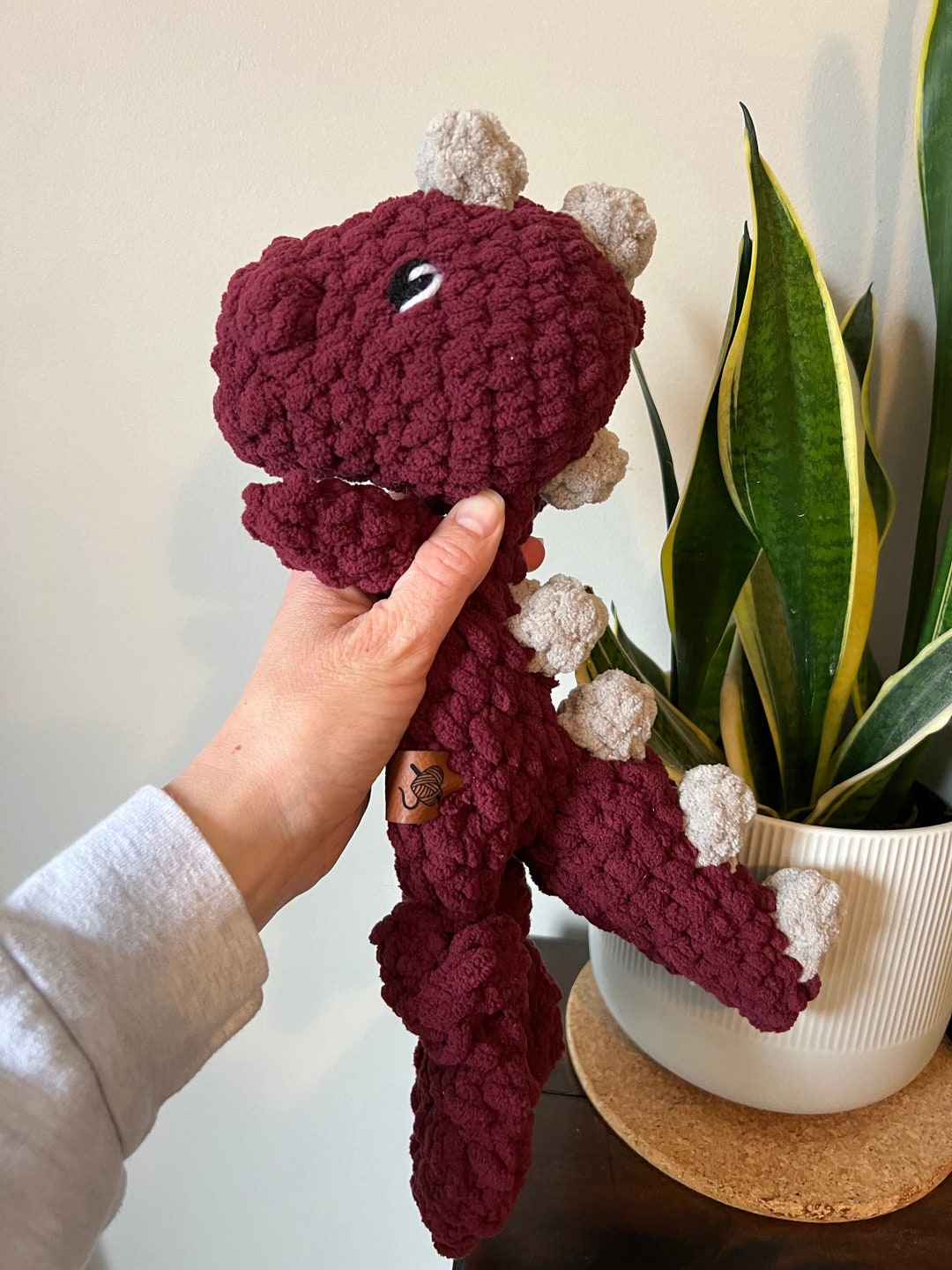 Dinosaur Lovey, 12" - Maroon & Gray Crochet Dinosaur Snuggler - Crochet ...