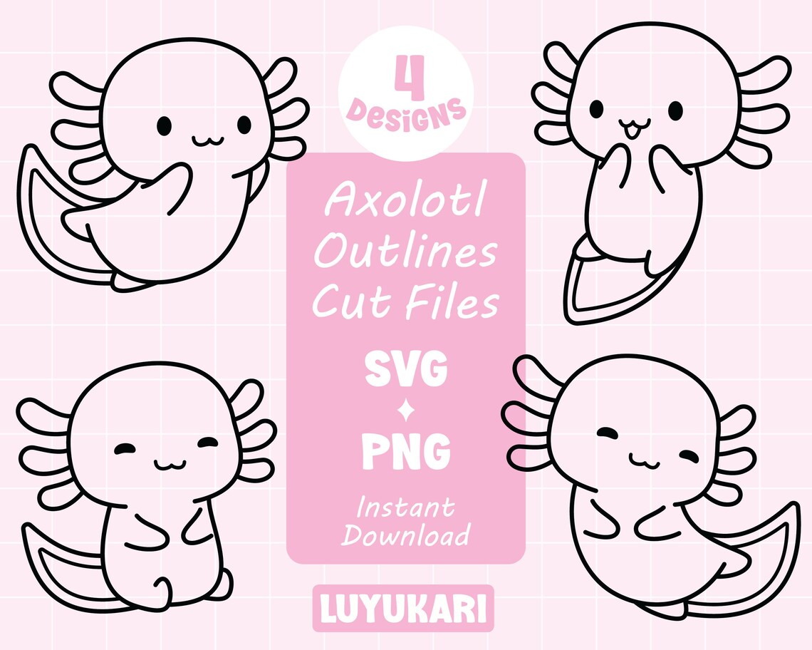Cute Axolotl Outline SVG Bundle, Kawaii Baby Axolotl SVG Cut File for ...