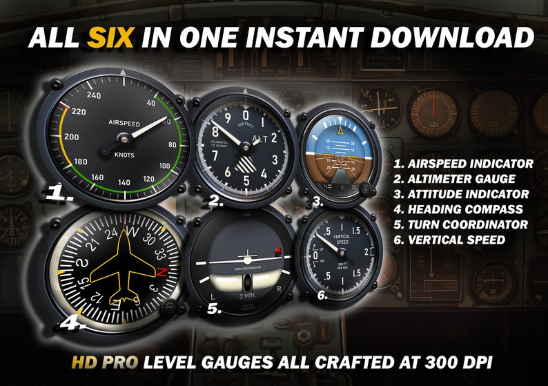 FLIGHT SIMULATOR Instruments Gauges Pilot Pack x6 Instant Digital Download Steam Instrument ...