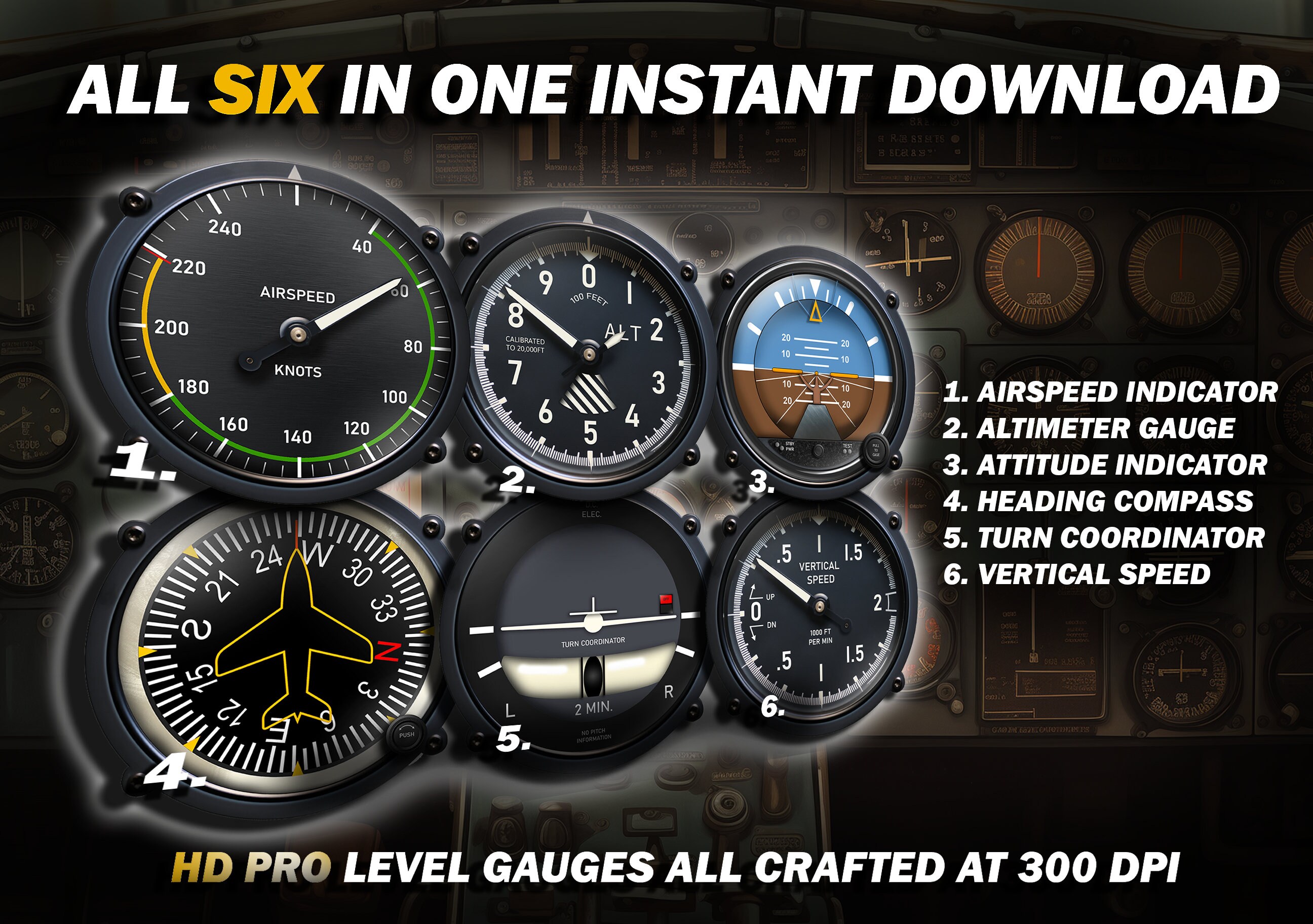 FLIGHT SIMULATOR Instruments Gauges Pilot Pack x6 Instant Digital Download Steam Instrument ...