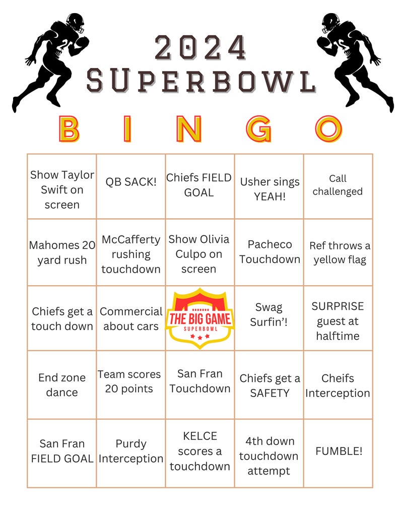 SUPER BIG GAME Bingo, 2024 Superbowl, Chiefs, 49'ers, San Francisco Vs ...