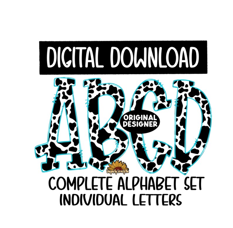Teal Cow Print Alphabet Set Doodle Letters Clipart PNG - Etsy