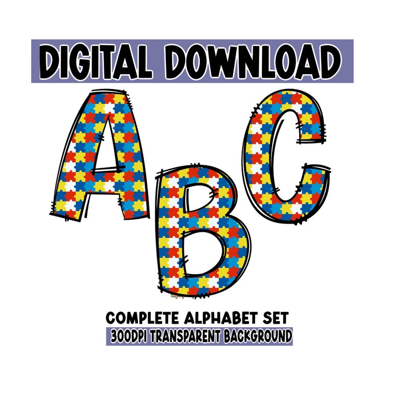 Autism Awareness Doodle Alphabet | Clipart PNG Set (digital Download ...