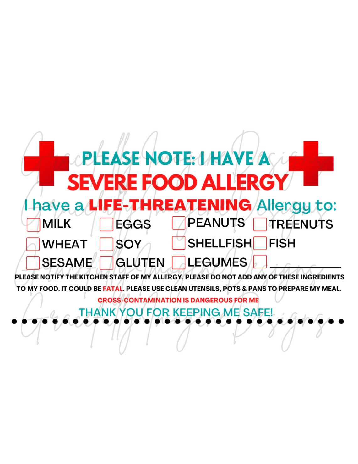 Food Allergy Alert Card, Digital Download, Printable, Food Allergy ...