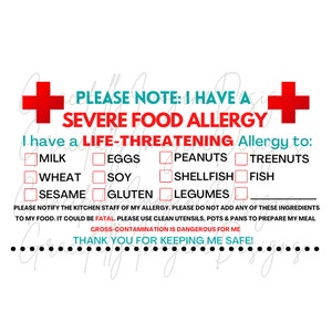 Food Allergy Alert Card, Digital Download, Printable, Food Allergy ...