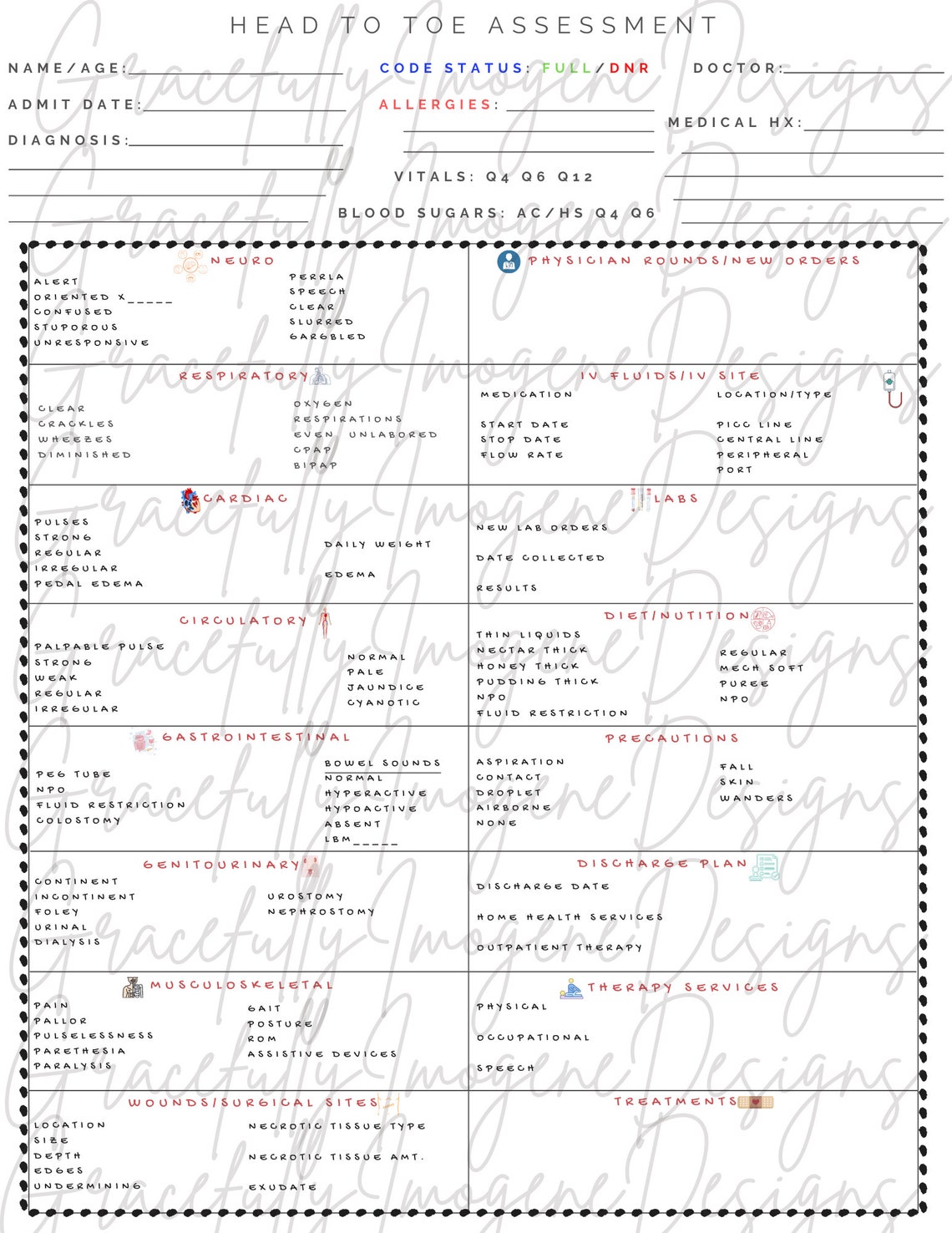 Nursing Report Sheet, Head to Toe Assessment, LPN, RN, Healthcare ...
