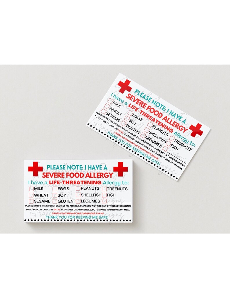 Food Allergy Alert Card, Digital Download, Printable, Food Allergy ...