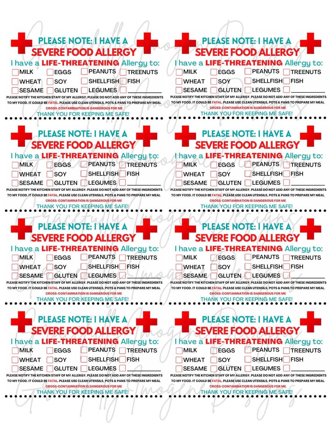 Food Allergy Alert Card, Digital Download, Printable, Food Allergy ...