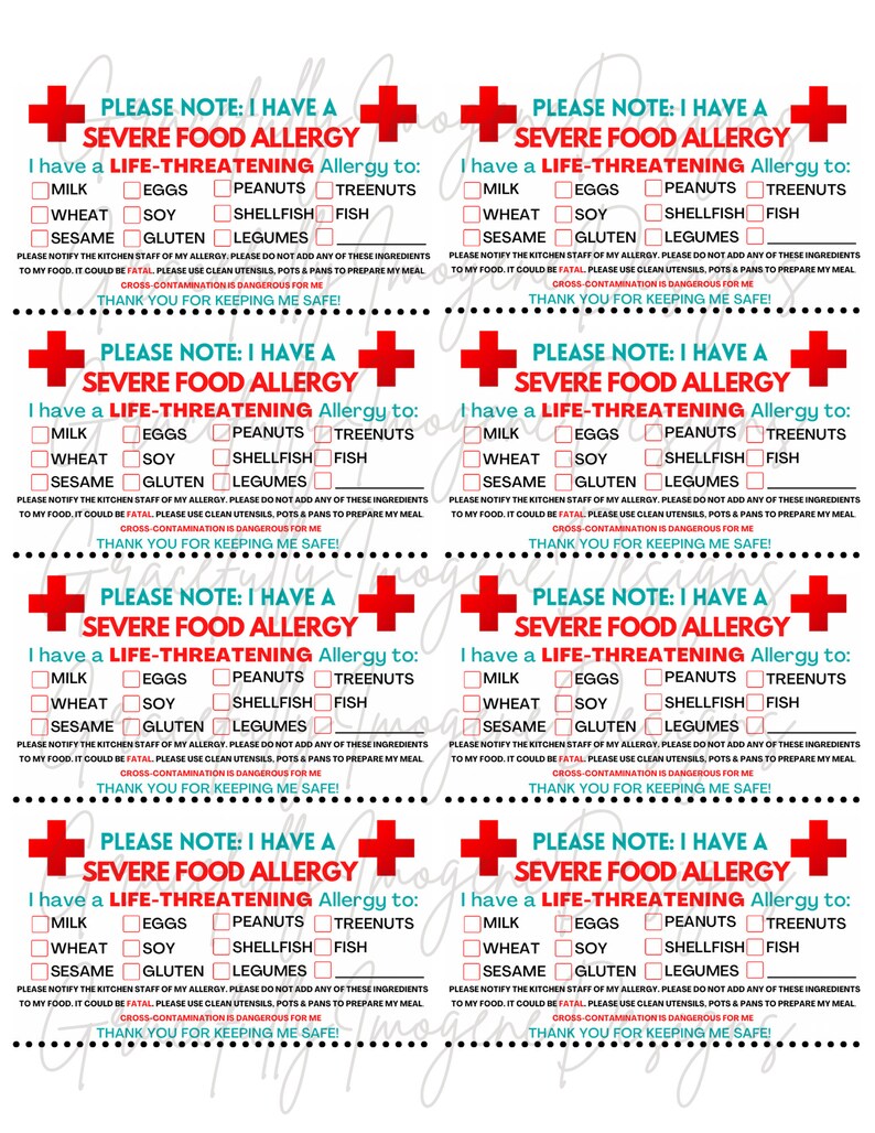 Food Allergy Alert Card, Digital Download, Printable, Food Allergy ...
