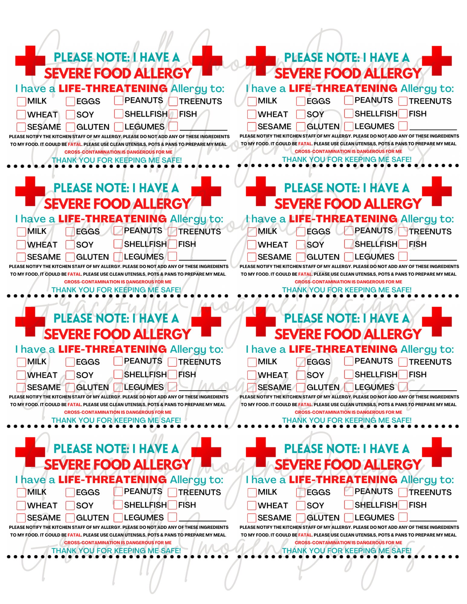 Food Allergy Alert Card, Digital Download, Printable, Food Allergy ...