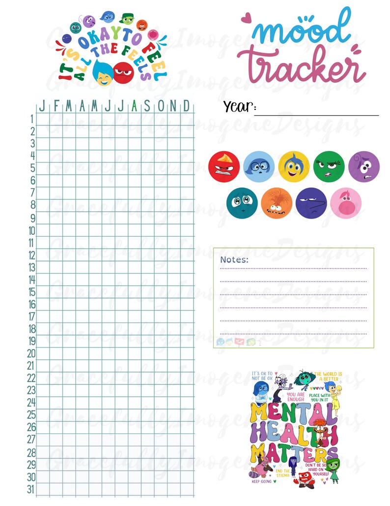 Mood Tracker, Feelings, Mental Health, Emotions, Year Long Tracker ...