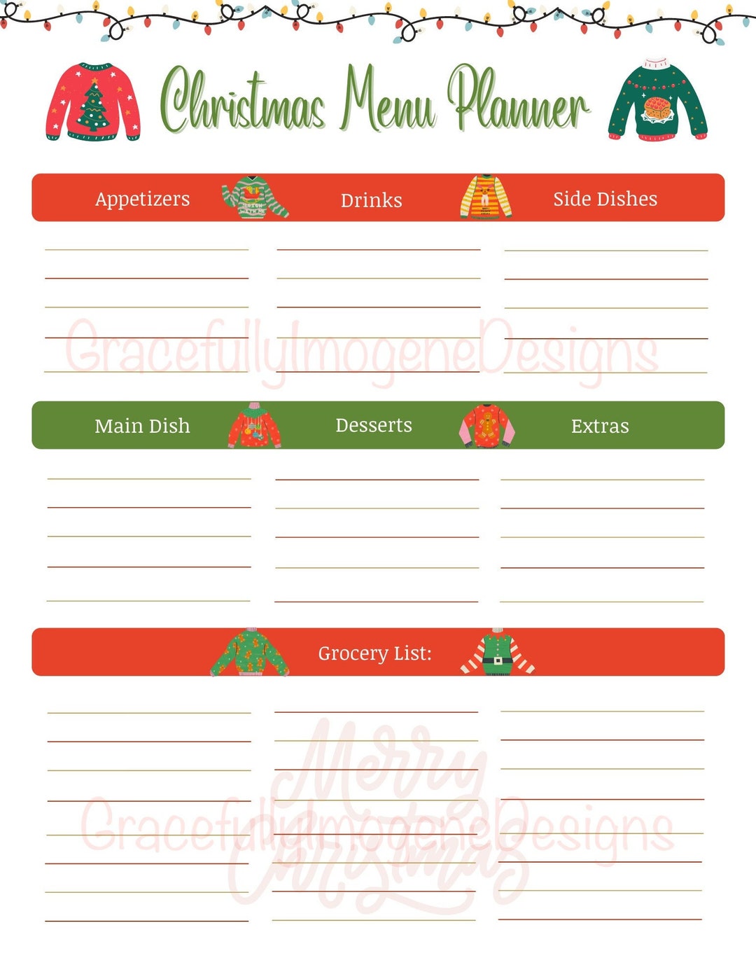 Christmas/holiday Menu Planner, Meal Planner, Instant Download, Digital ...
