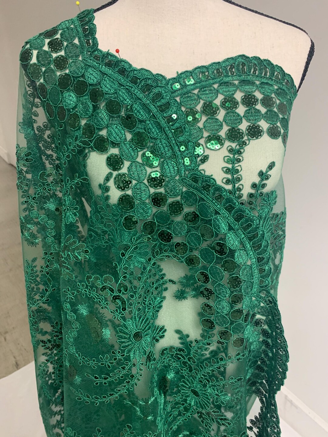 Hunter Green Lace Fabrics Design Lexie, Sequins Embroidery Double ...