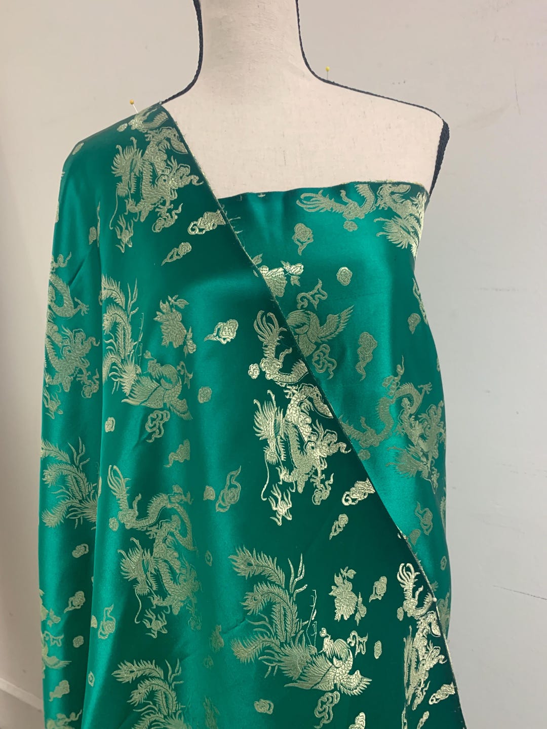 Chinese Brocade Satin Fabric - Emerald Green - 54/56" Width - Small ...