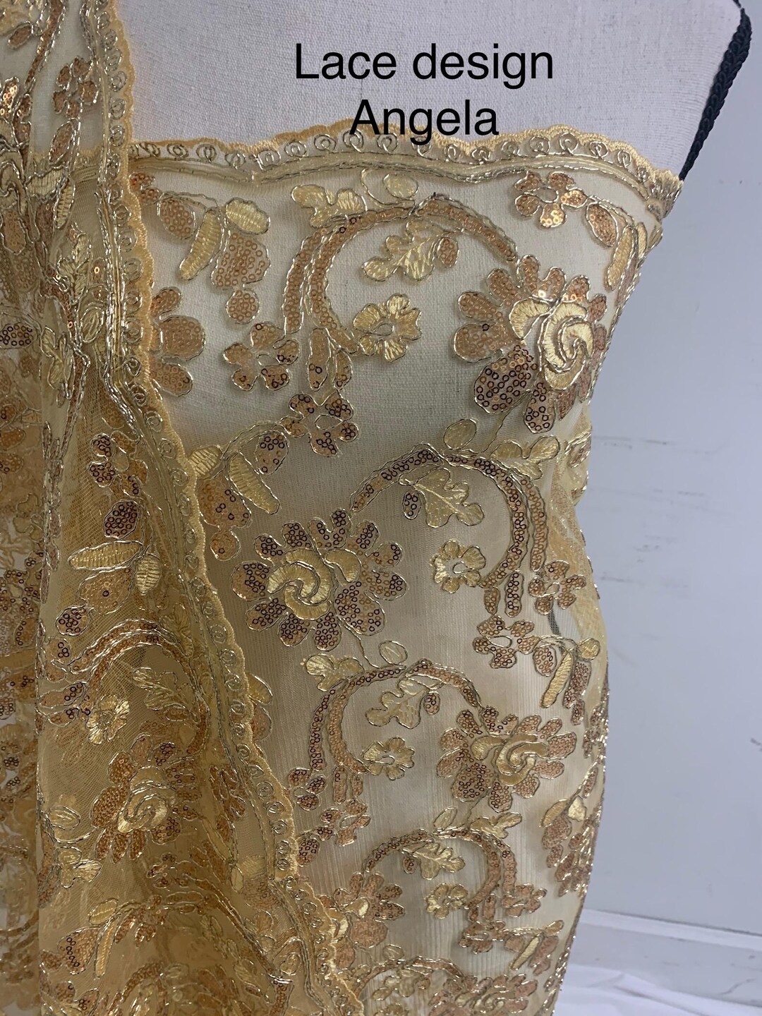 Gold-colored Lace Fabric Design Angela, Sequins and Intricate ...