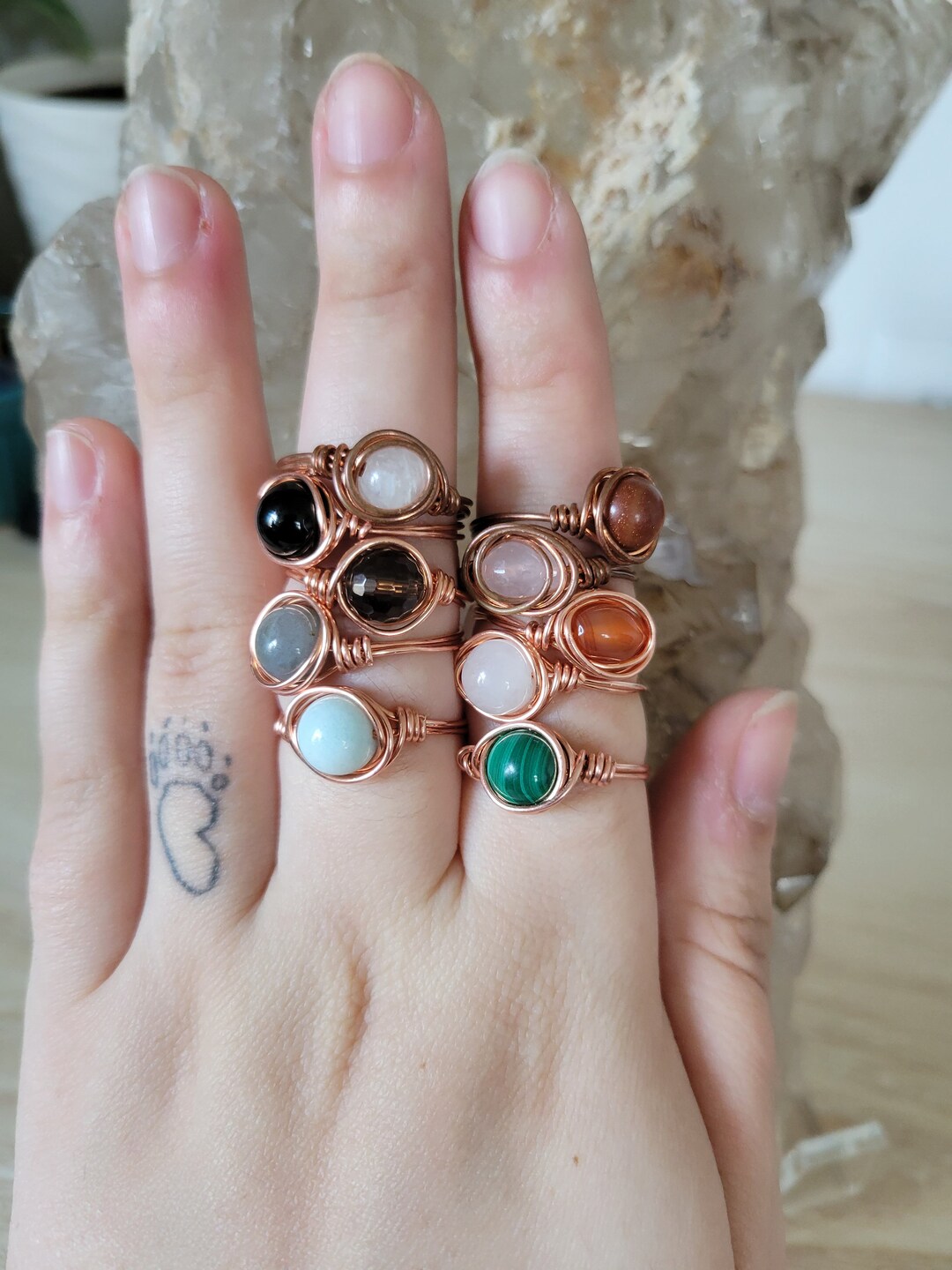 Copper Gemstone Ring, Rose Quarts, Clear Quartz, Smoky Quartz ...