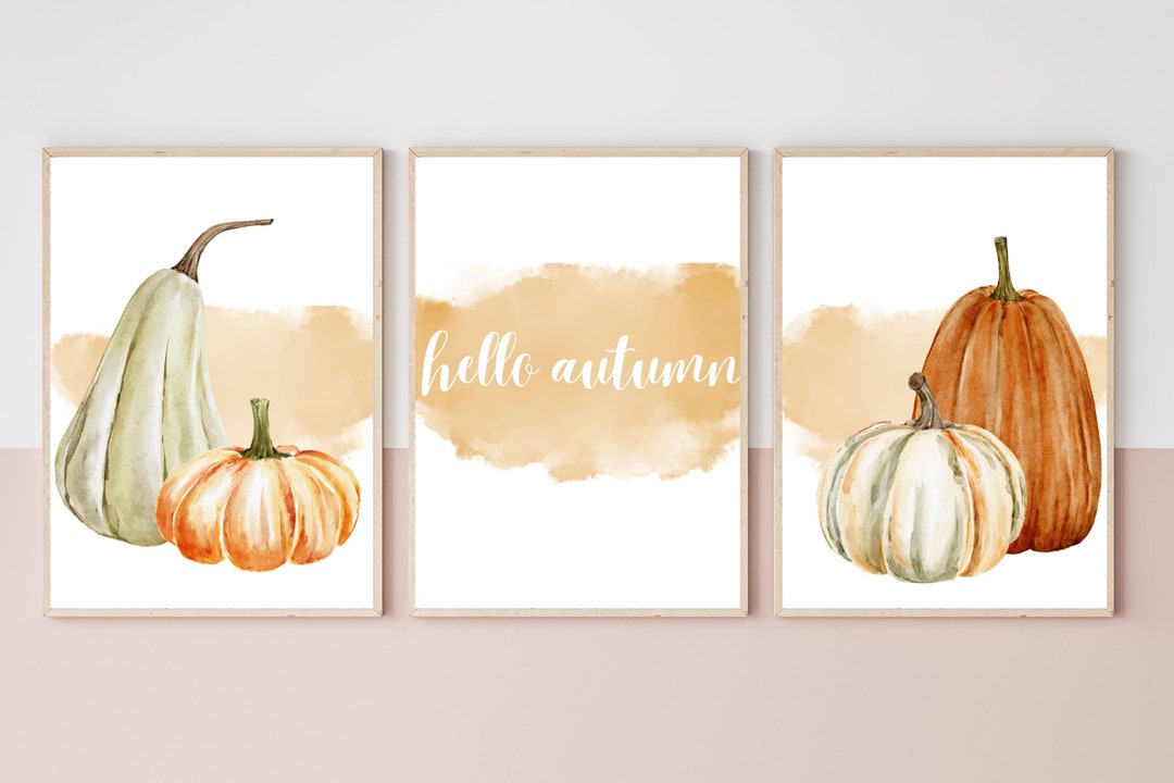 Set of 3 Watercolor Hello Autumn and Pumpkins Printable Fall Decor ...