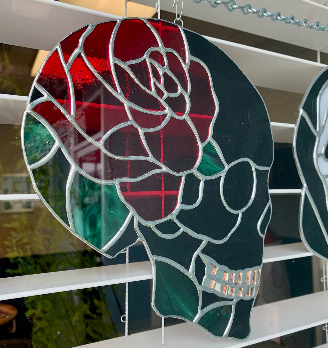 Stained Glass Rose Skull Suncatcher - Etsy