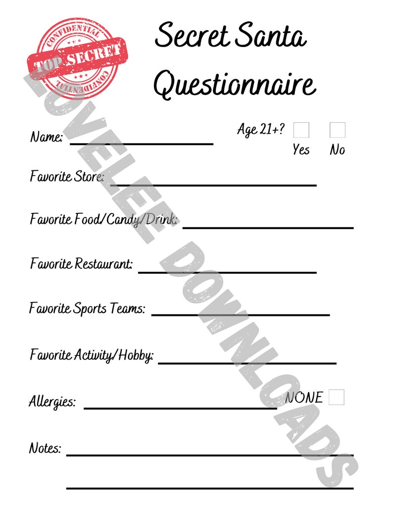 Secret Santa Questionnaire Christmas Party Games - Etsy