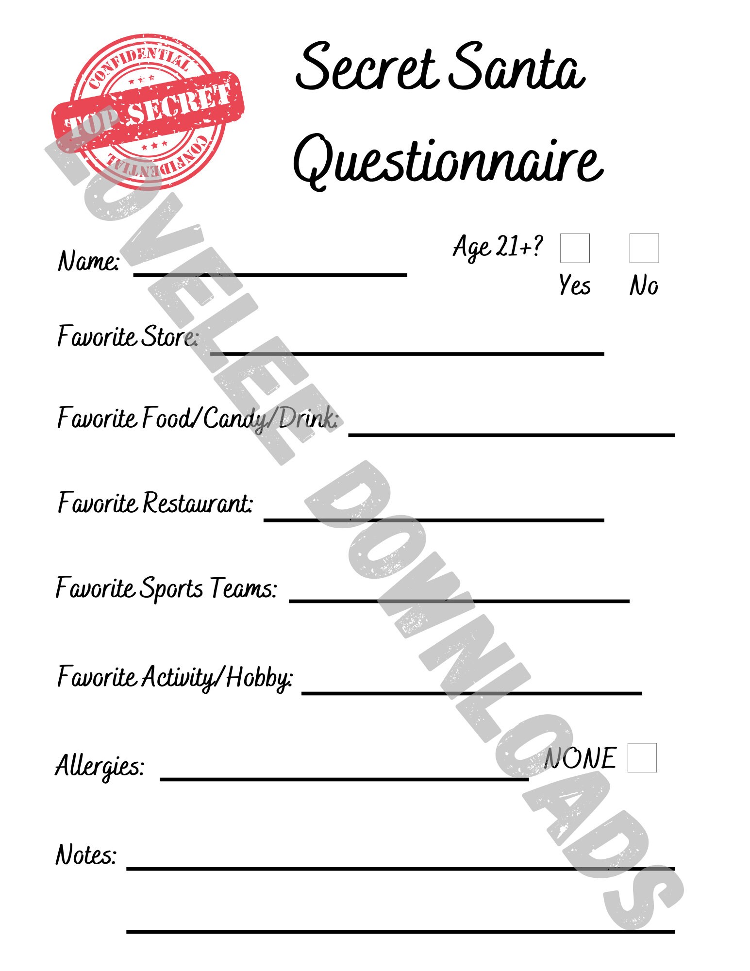 Secret Santa Questionnaire Christmas Party Games Etsy
