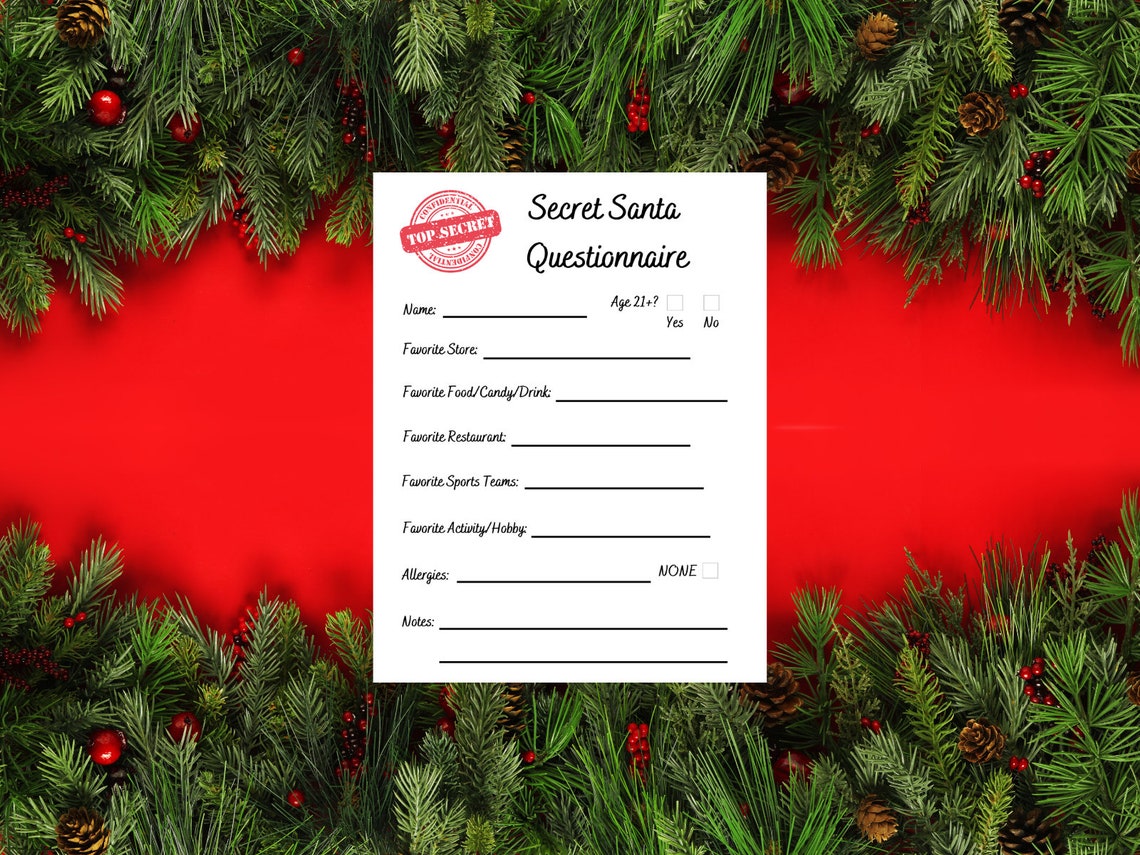 Secret Santa Questionnaire Christmas Party Games - Etsy