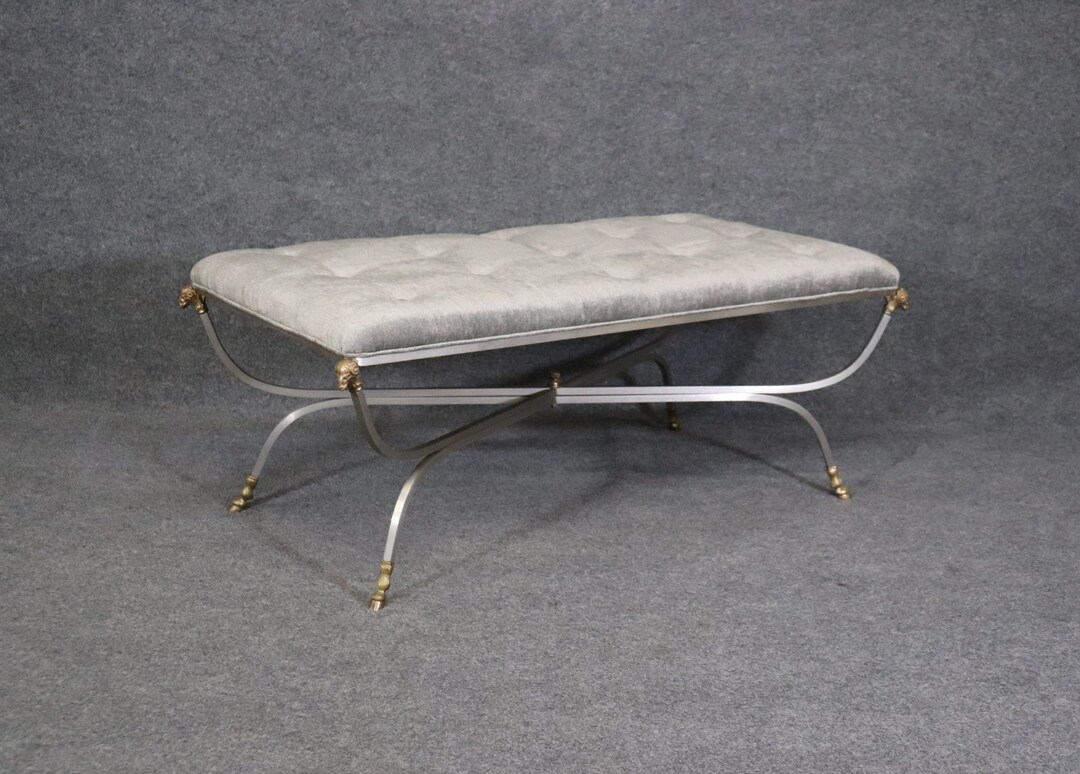 Maison Jansen Rams Head Brass and Brushed Steel Tufted Bench, Ottoman ...